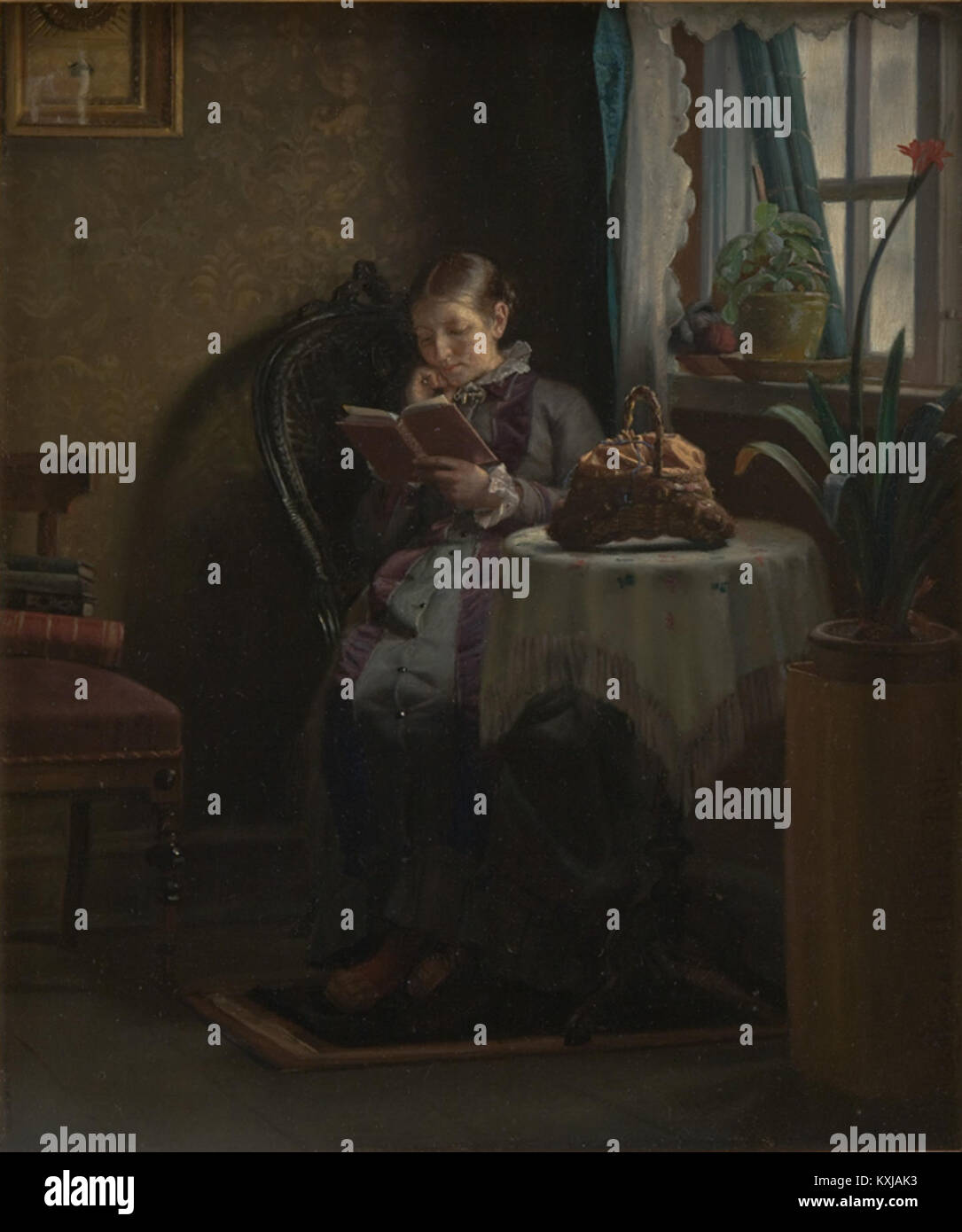 This painting, 'Anna Ancher læsende' (Anna Ancher reading), created by ...