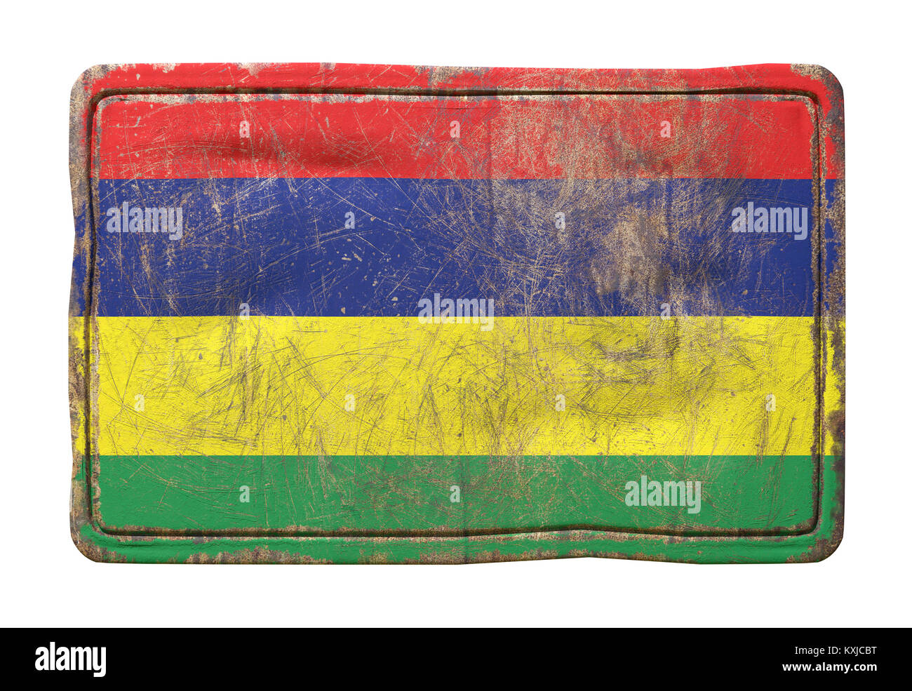 3d rendering of a Republic of Mauritius flag over a rusty metallic ...