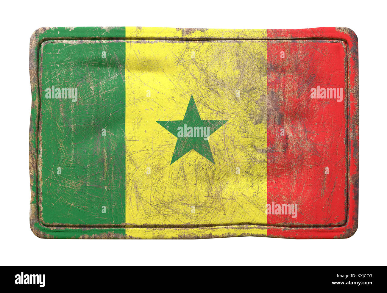 3d rendering of a Senegal flag over a rusty metallic plate. Isolated on ...