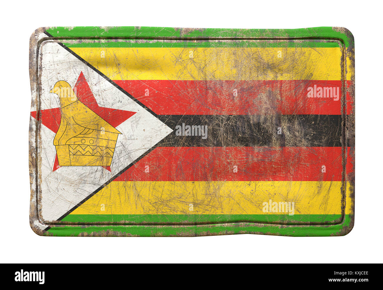 3d rendering of a Republic of Zimbabwe flag over a rusty metallic plate ...