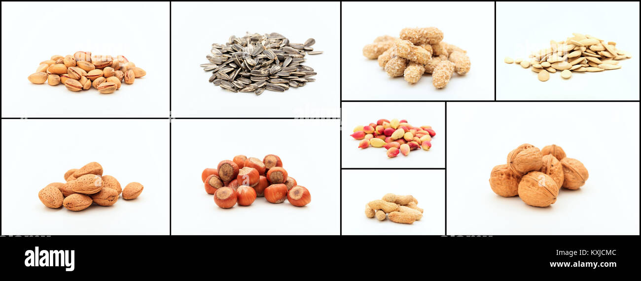 Variety of nuts on white background collage Stock Photo - Alamy