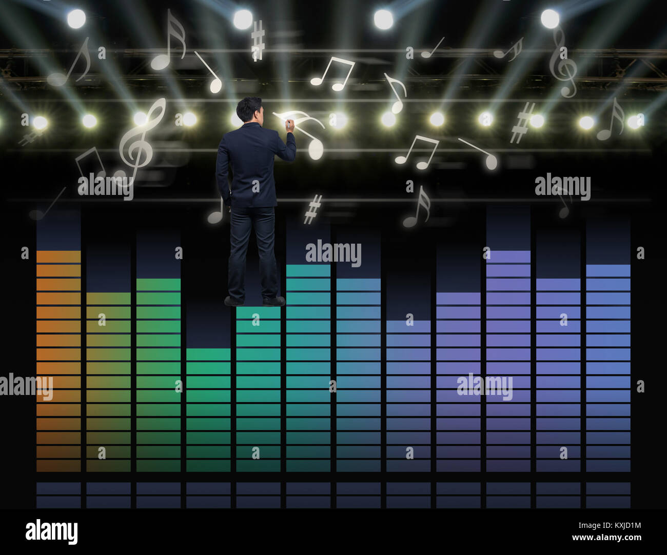 Businessman standing over the sound waves equalizer and drawing the ...