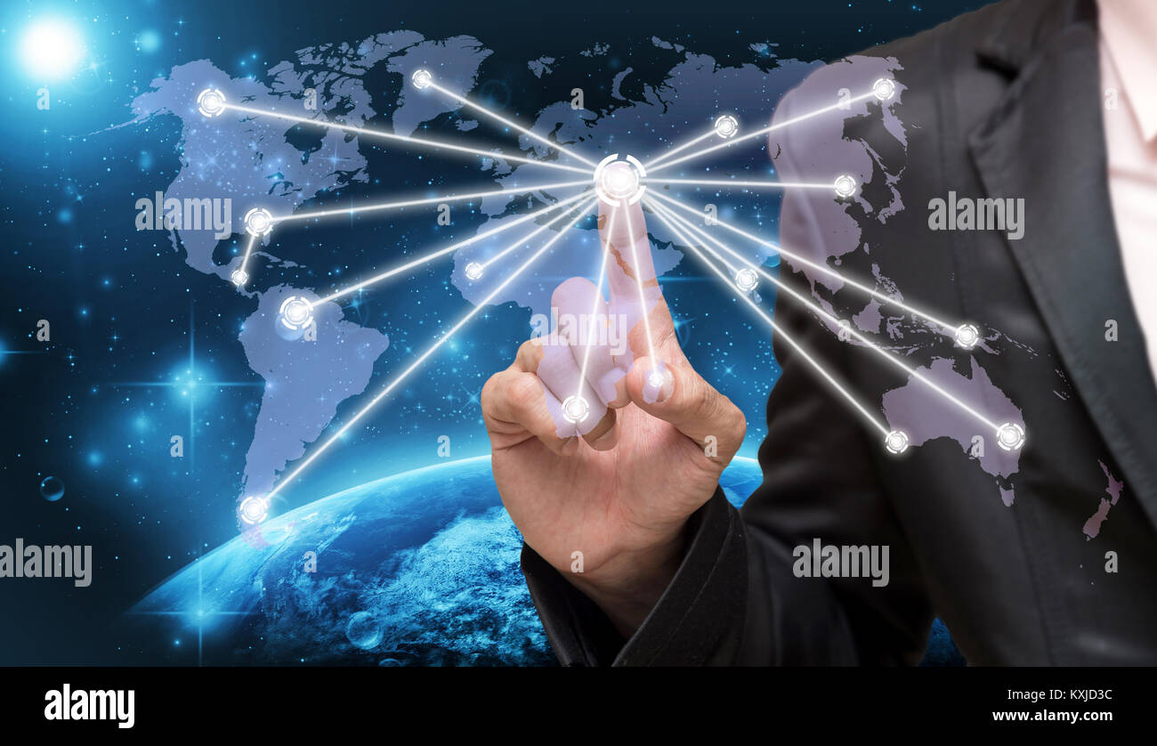 Businessman touching the center point of connection line of global ...