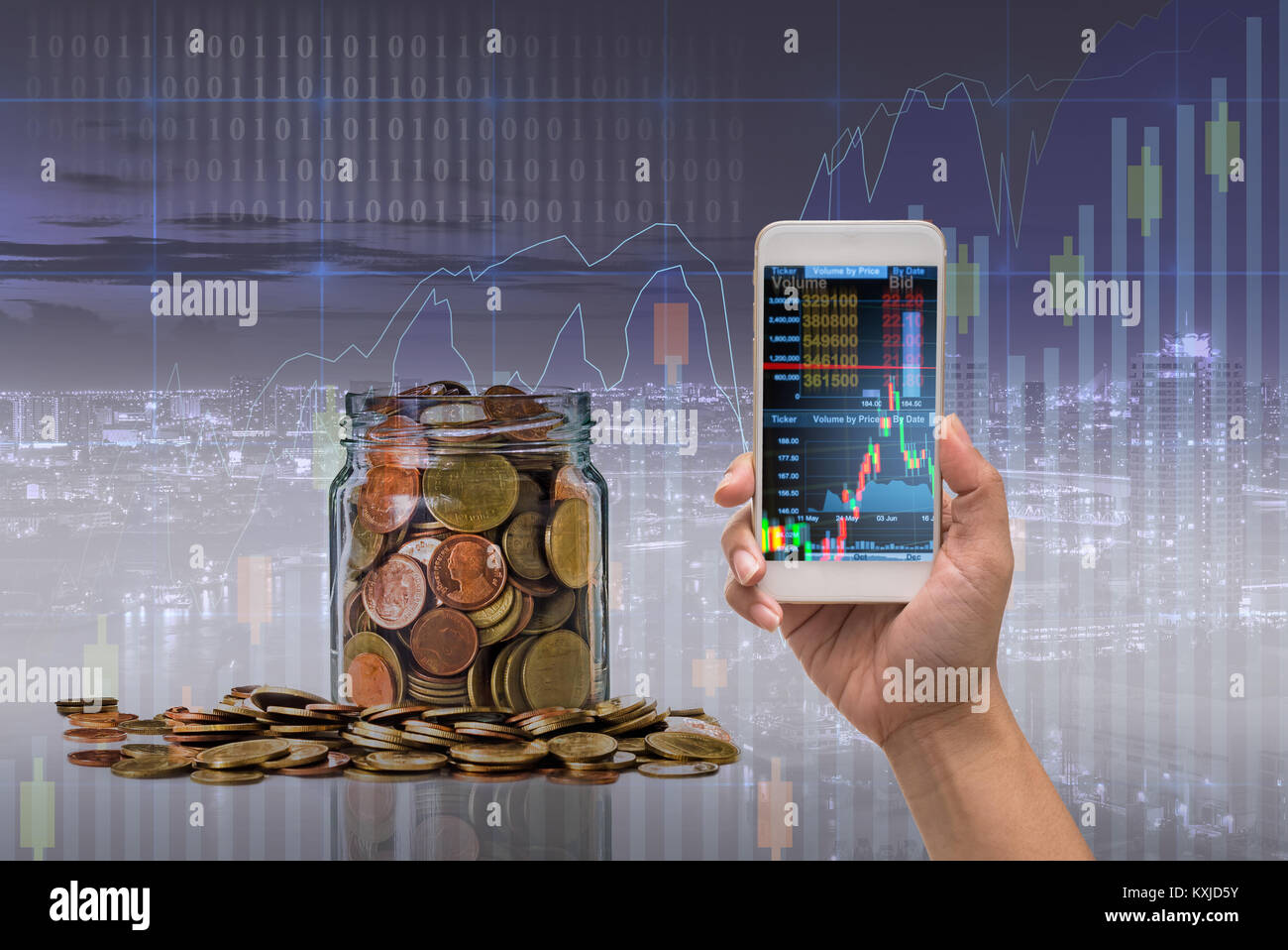 Female hand holding mobile smart phone touch screen showing the stock ...