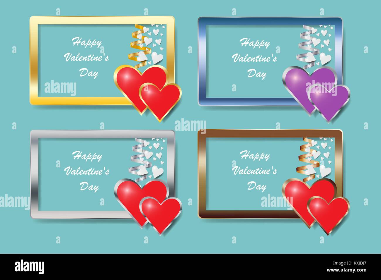 Set of four metal frame rectangles with hearts hanging on the ribbon ...