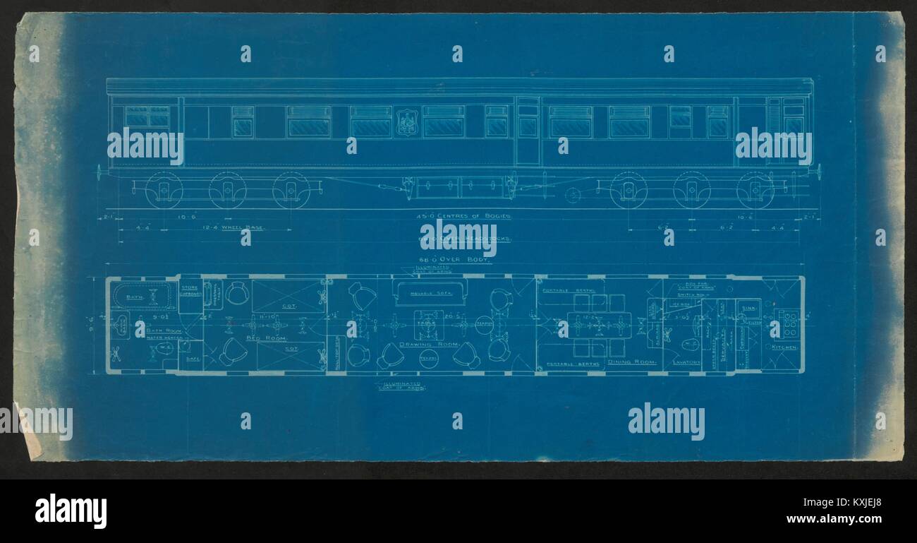 Elevation & plan of luxury railway carriage. Engineering blueprint ...