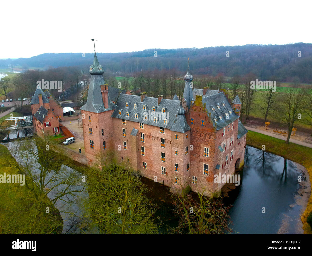 Aerial view of a castle surrounded by a canal in the Netherlands on a ...