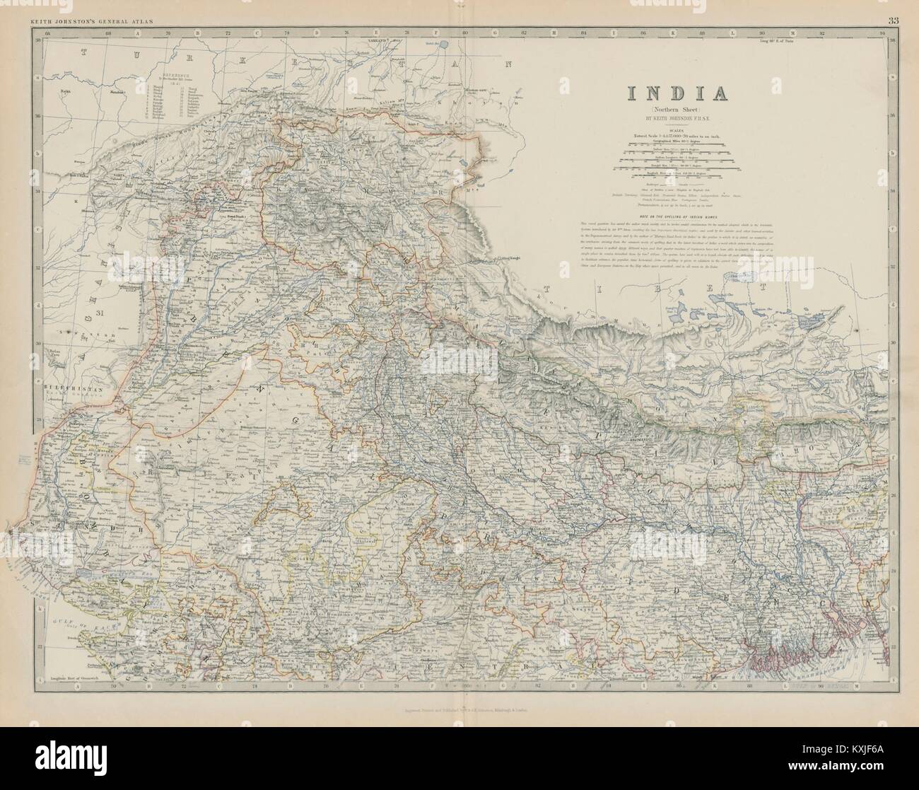India (North) Nepal Bhutan Himalayas Kashmir Tibet 50x60cm. JOHNSTON ...
