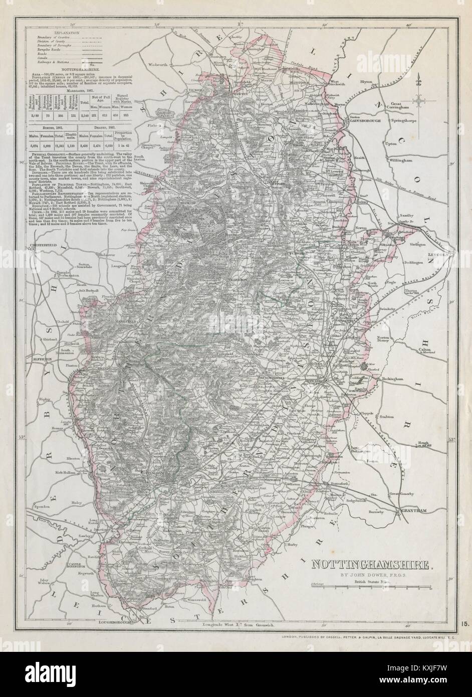 NOTTINGHAMSHIRE. Antique county map. Railways Dukeries. DOWER c1865 old ...