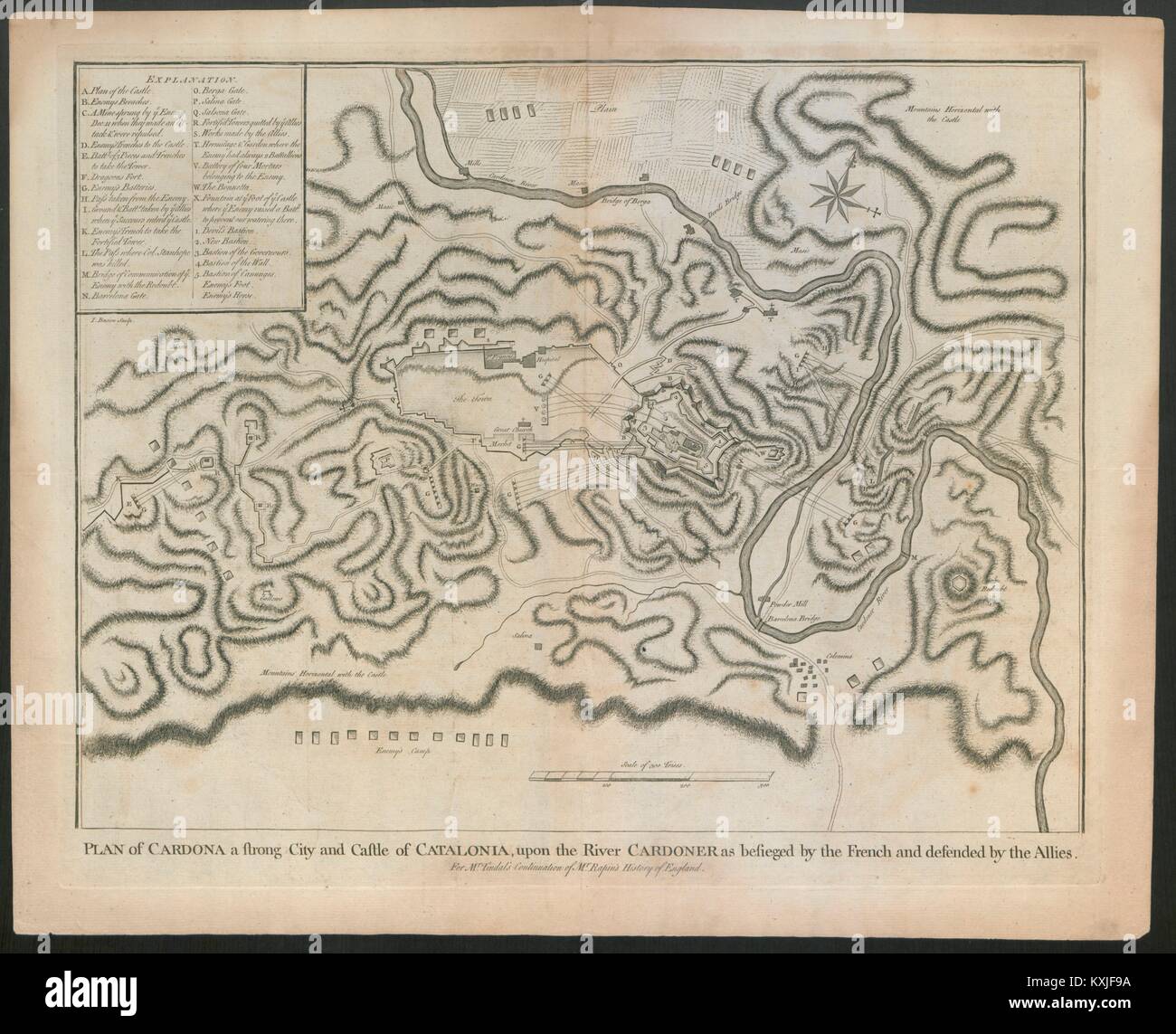 "Plan of Cardona", during 1714 siege. Catalonia. BASIRE c1747 old ...