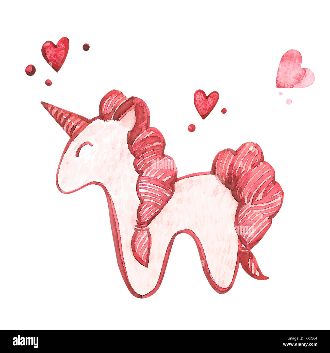 Unicorn with hearts. Watercolor Pink set of elements for Valentine's ...