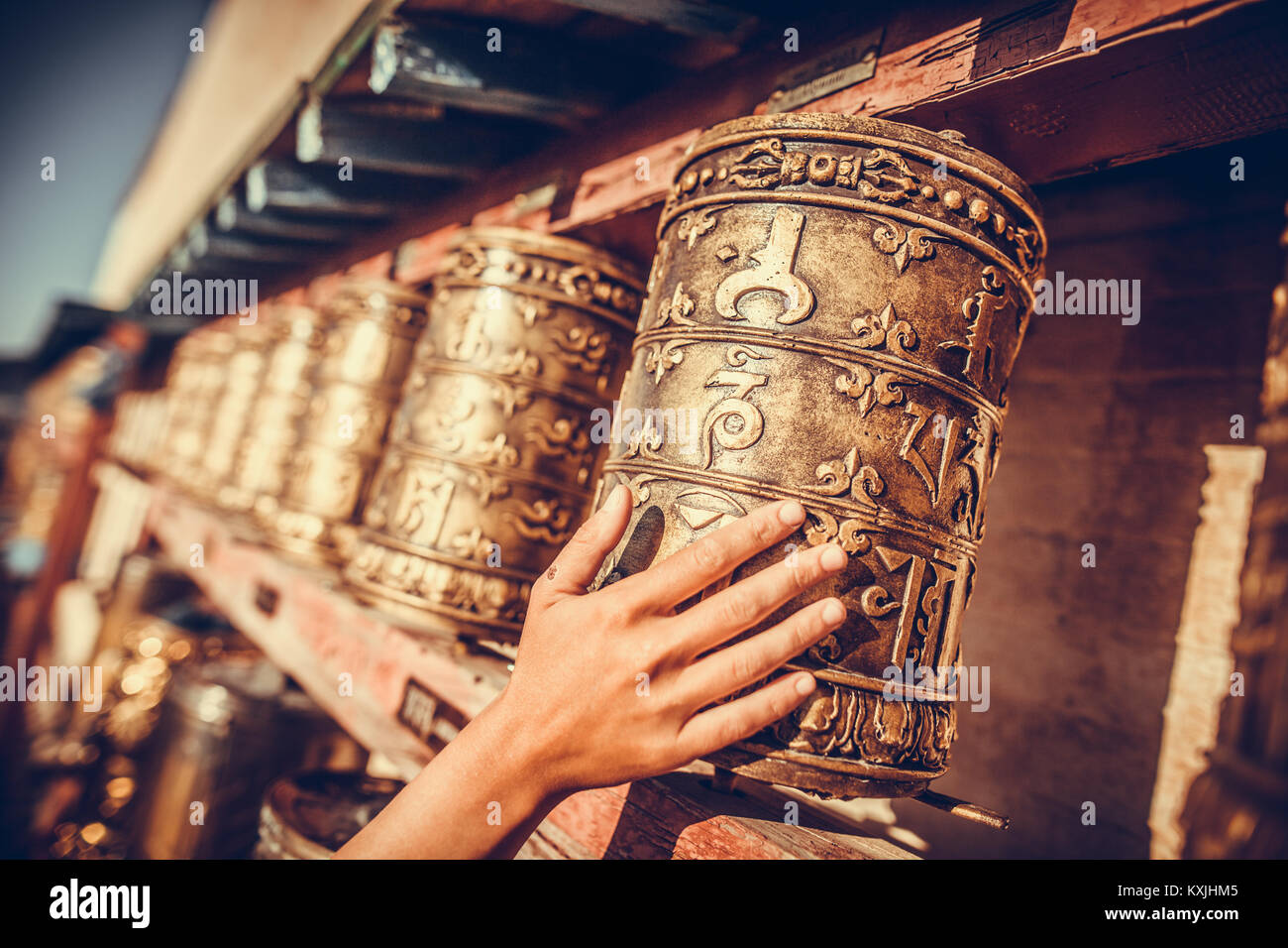 Spinning Buddhist prayer drums at a monastery in Mongolia Stock Photo ...
