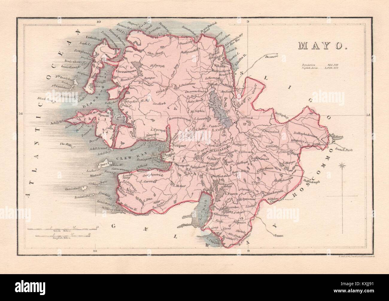 Antique MAYO county map by Alfred ADLARD. Ireland c1841 old chart Stock ...
