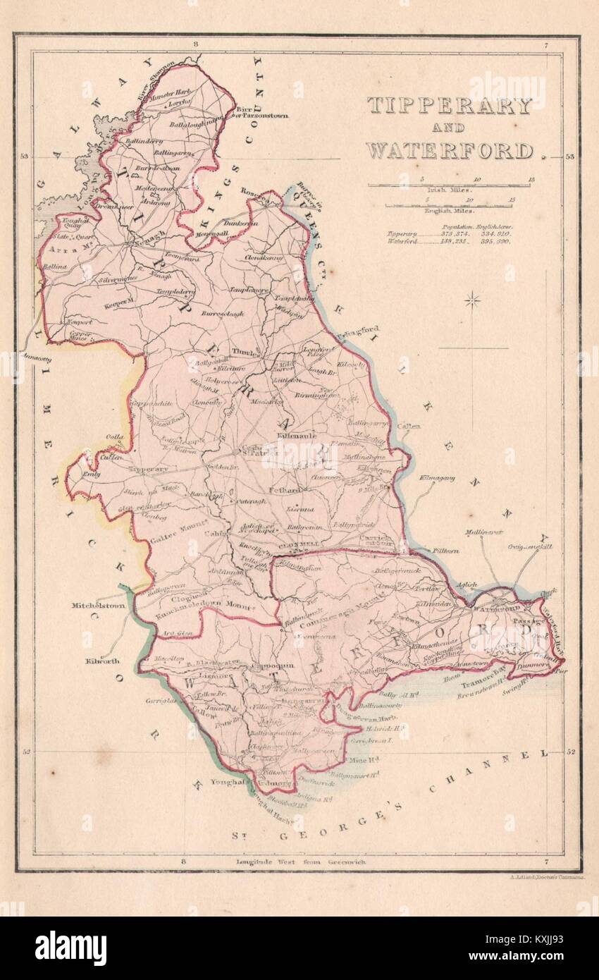 Antique TIPPERARY AND WATERFORD county map by Alfred ADLARD. Ireland ...