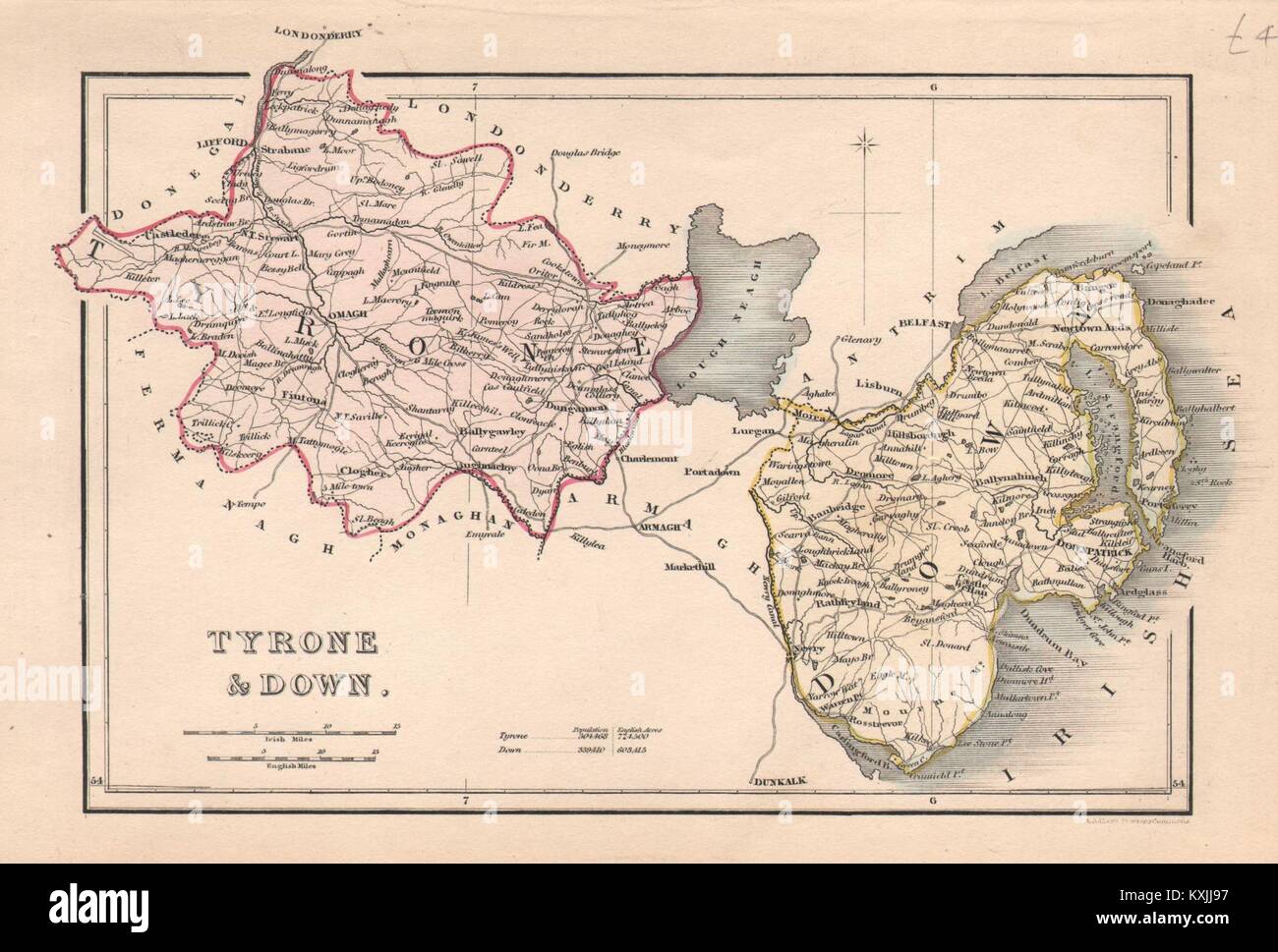 Antique TYRONE & DOWN county map by Alfred ADLARD. Northern Ireland ...