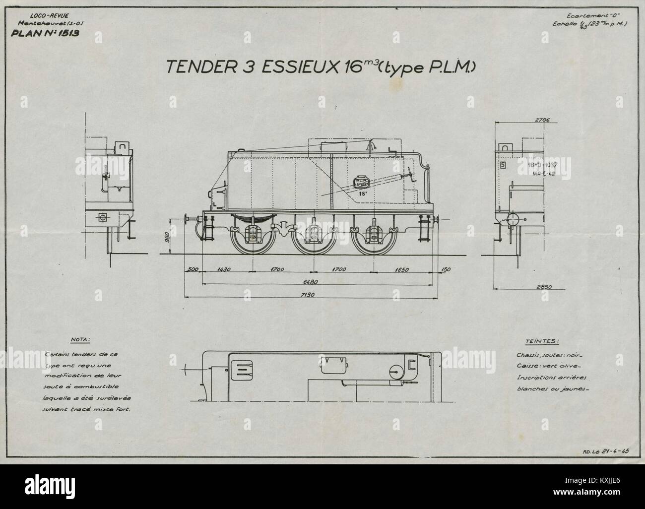 Tender 3 Essieux 16m3 Type PLM. Plan #1513. France railway drawing plan ...
