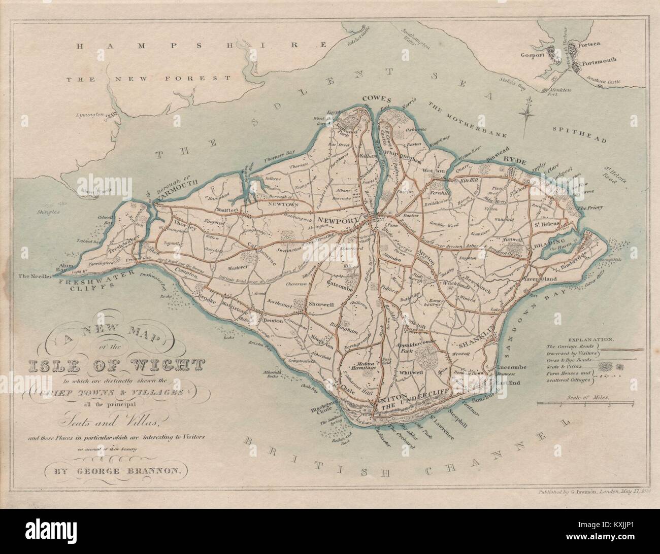 "A new map of the Isle of Wight". Antique map by George BRANNON 1824 ...