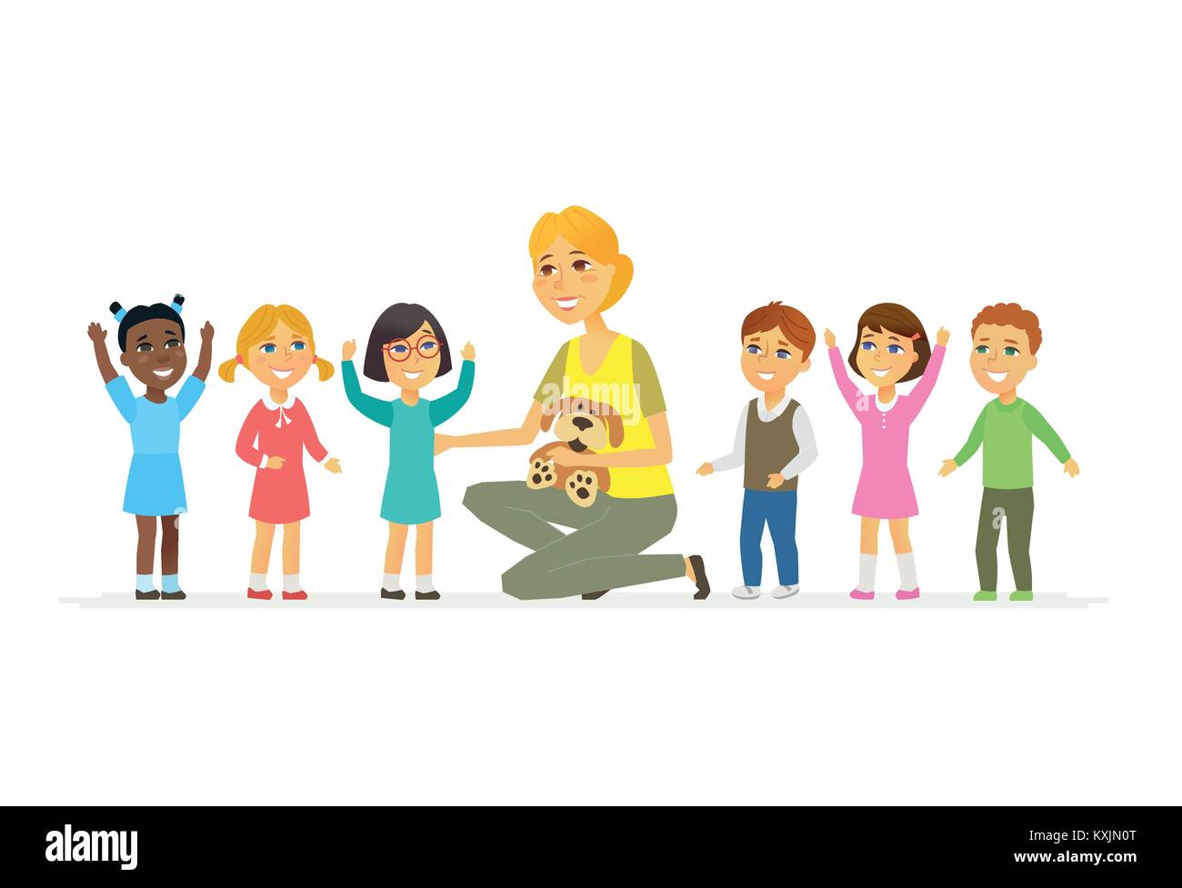 Nursery teacher with children - cartoon people characters isolated ...