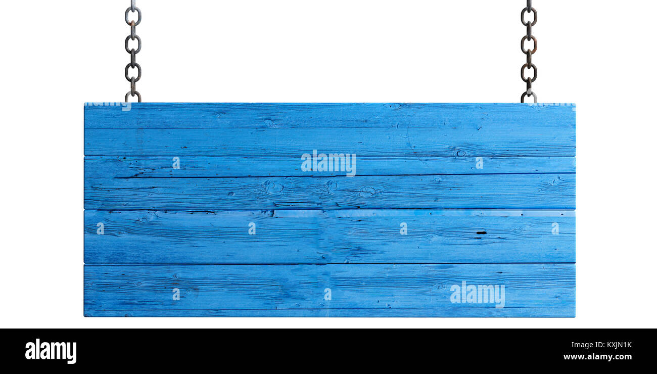 Wooden blue signboard hanging with chains, isolated on white background ...