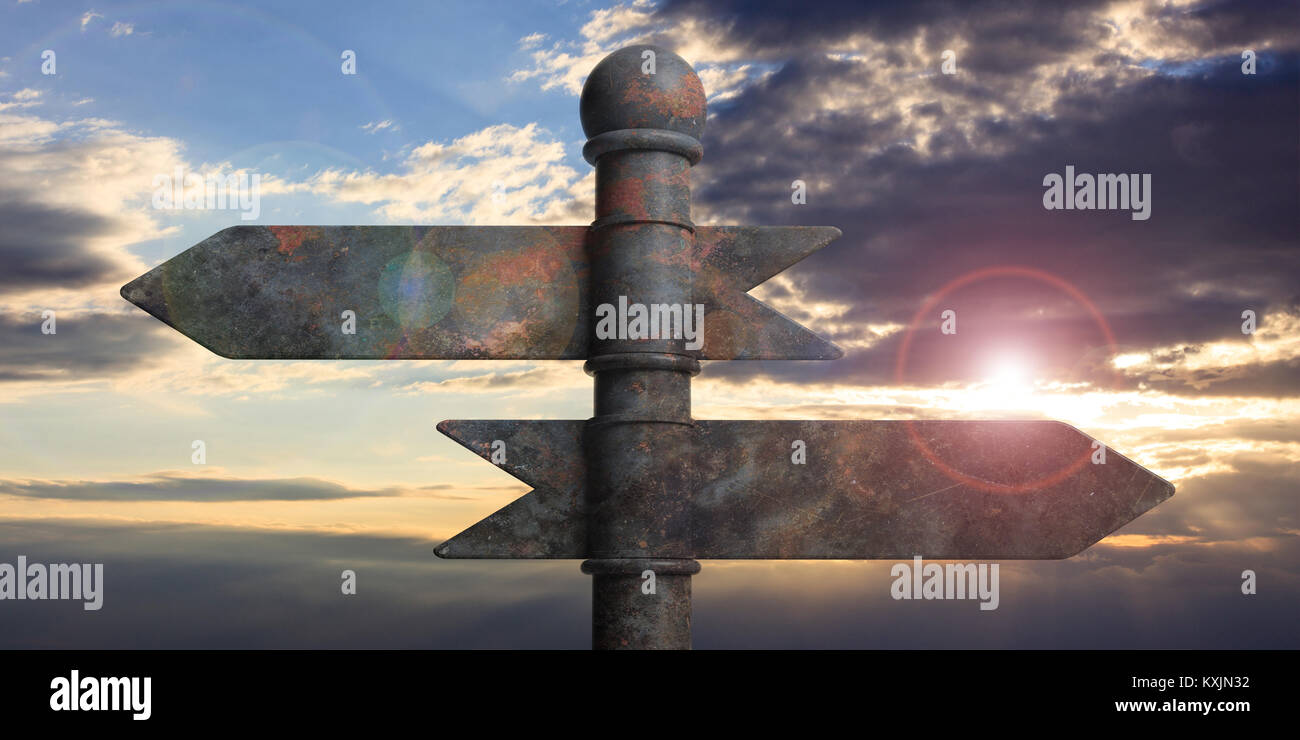 Blank metal arrow signposts on metal pole, isolated on sunrise or ...