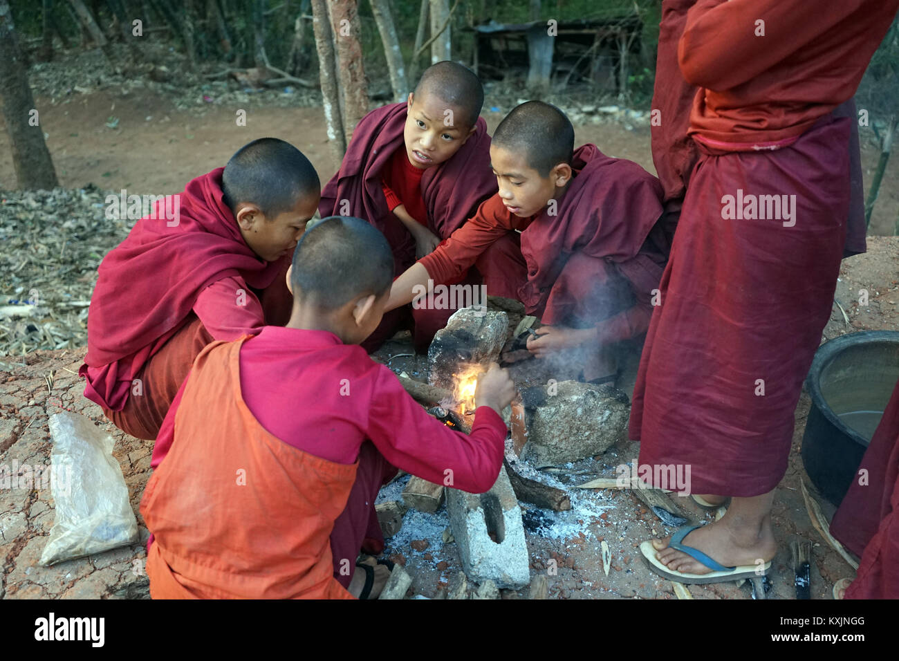 KALAW, MYANMAR - CIRCA APRIL 2017 Young monks near bonfire Stock Photo ...