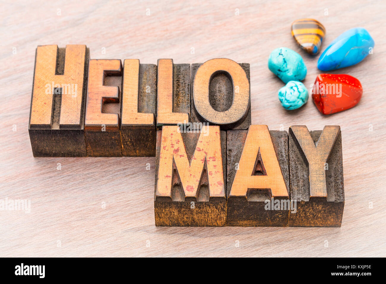 Hello May in vintage letterpress wood type with colorful gemstone ...