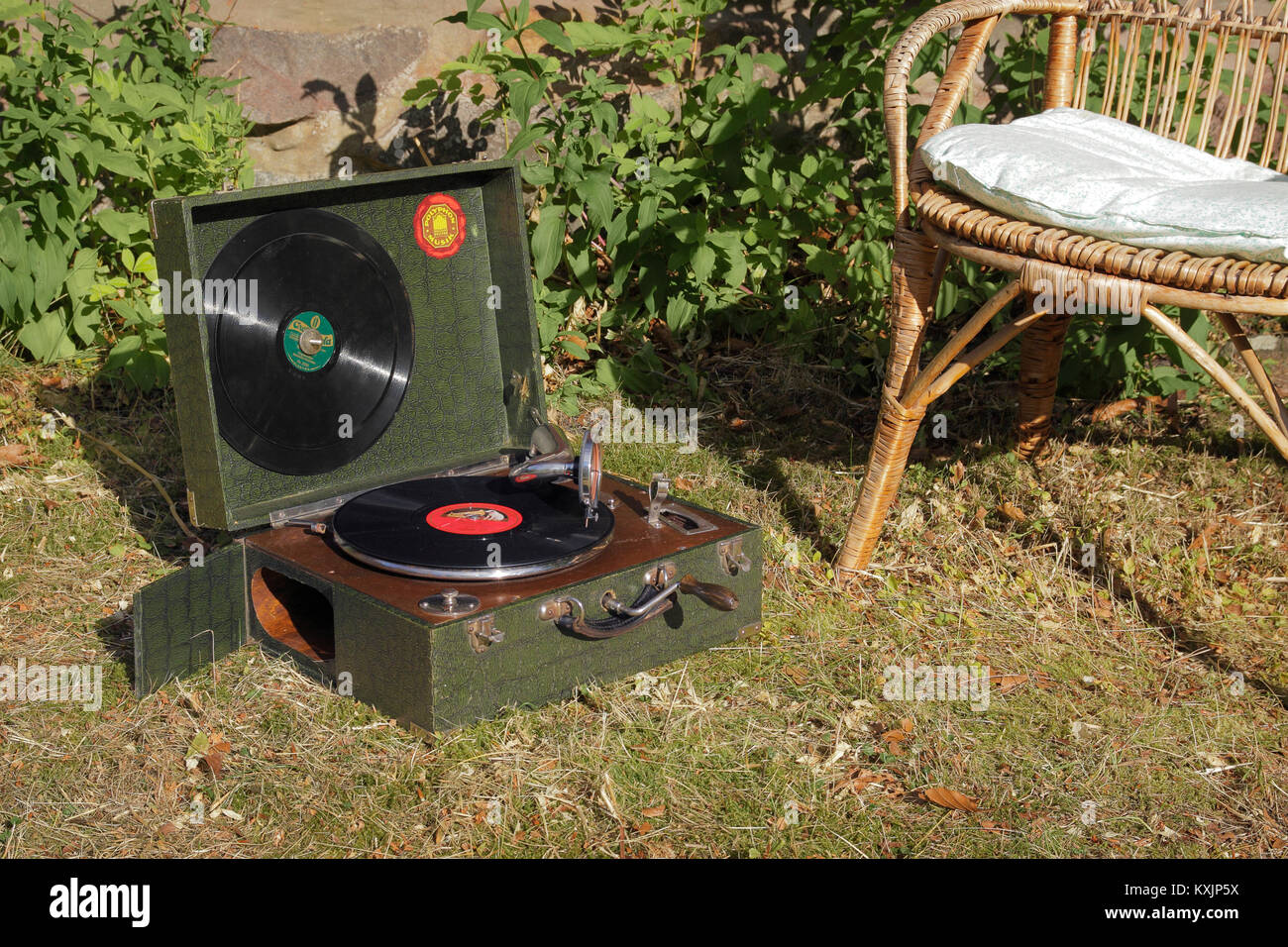 potable gramophone and 78 rpm record outdoors Stock Photo - Alamy