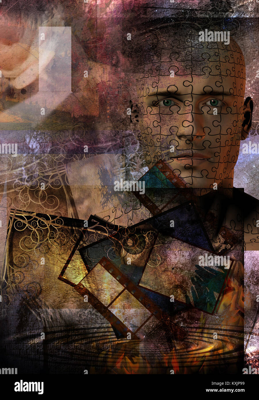 Complex Abstraction. Man face with puzzle pattern. Opened door to ...