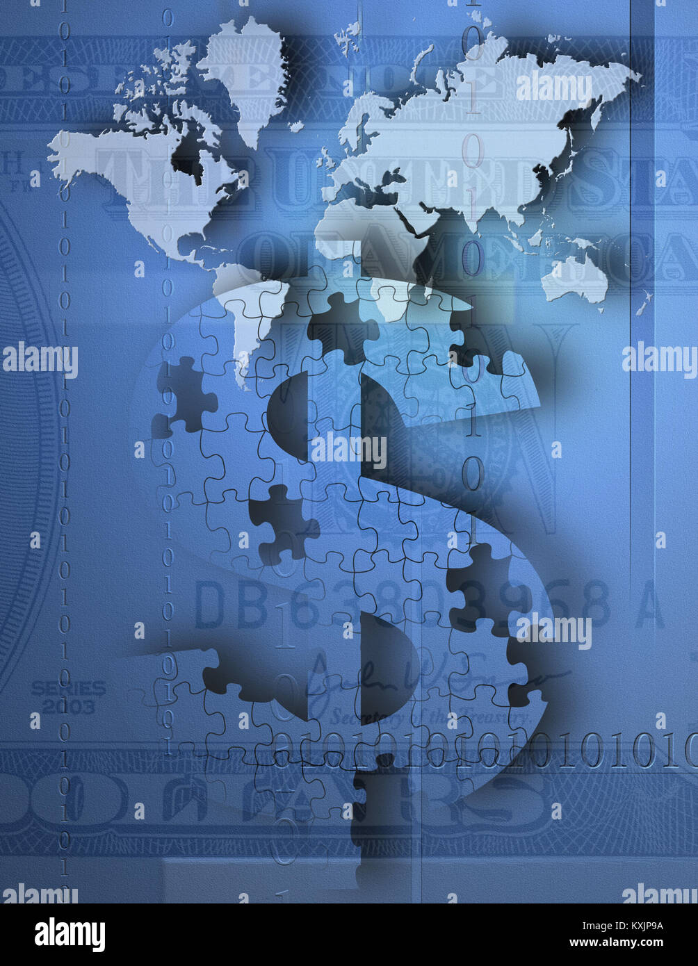 Dollar sign with puzzle pattern. World map and dollar's bill at the ...