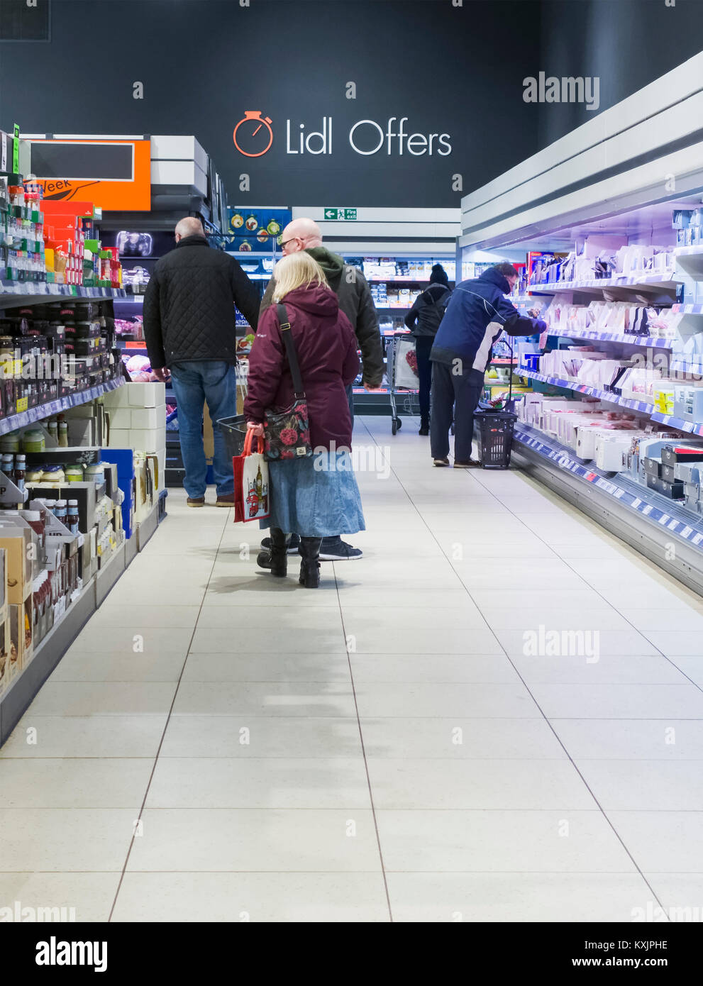Interior of Lidl supermarket in the UK showing aisles and customers ...