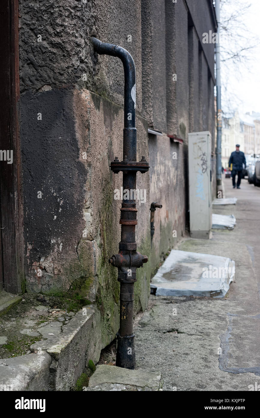 gas pipeline at the apartment house. Rust and drooping color Stock ...