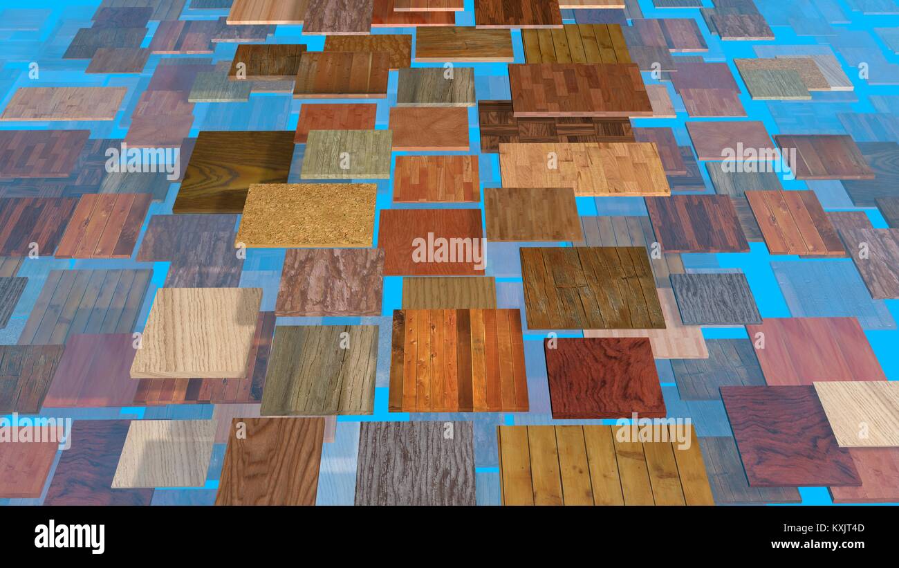 Assortment of wooden floor , wall tiles with atmospheric fog, haze ...