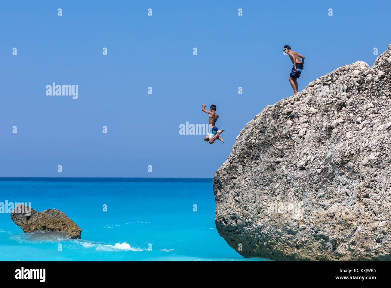 Kavalikefta Lefkada, Greece - July 15, 2017: People to jump playing in ...