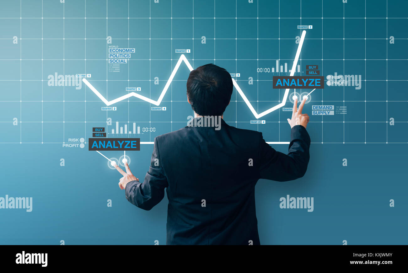 business man show hand sign analysis world economic and investment ...