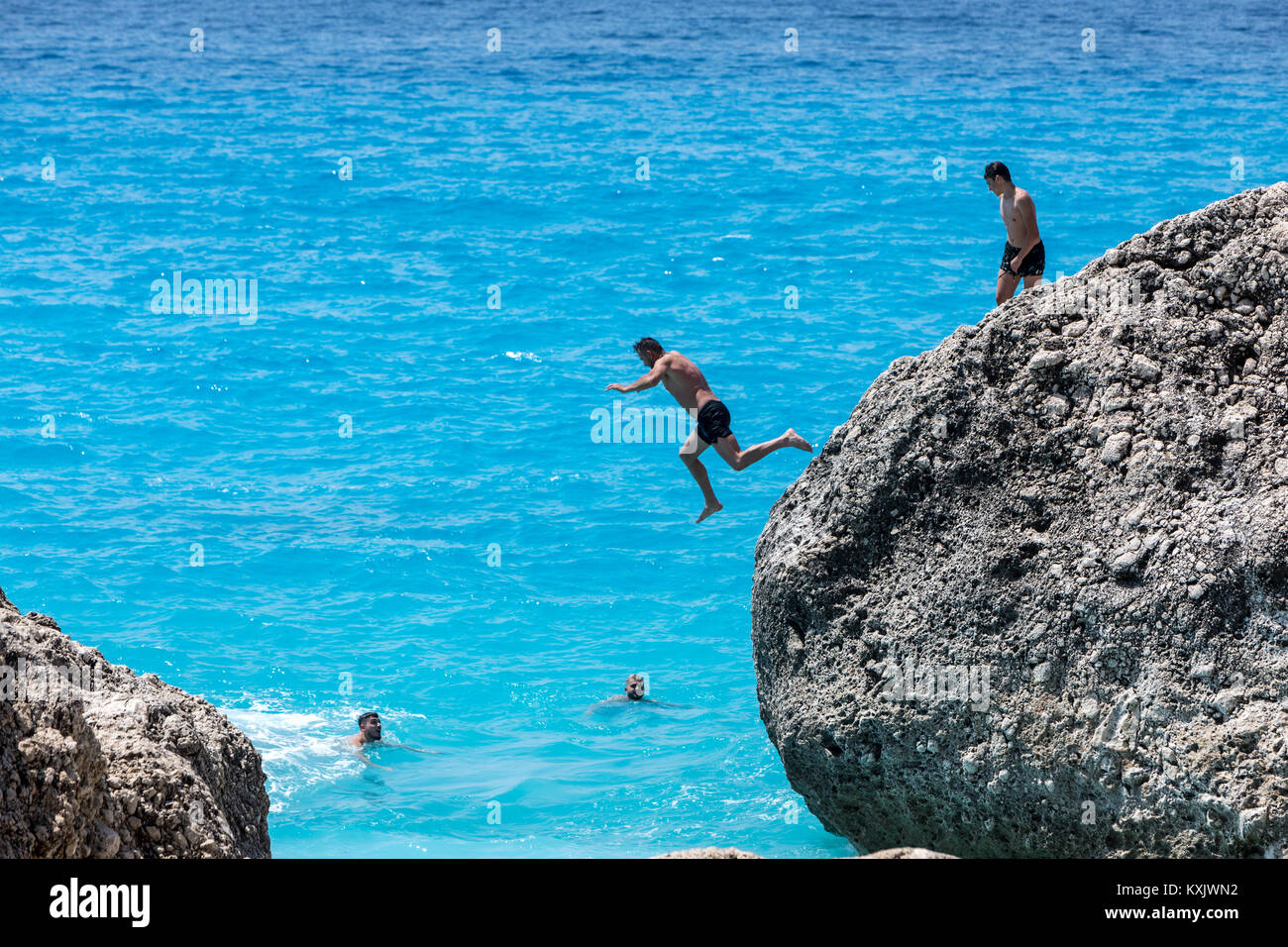Kavalikefta Lefkada, Greece - July 15, 2017: People to jump playing in ...