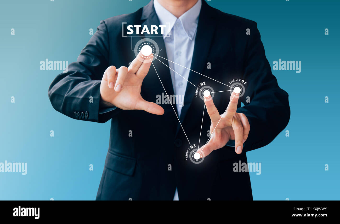 business man hand sign press button about technology target customer ...