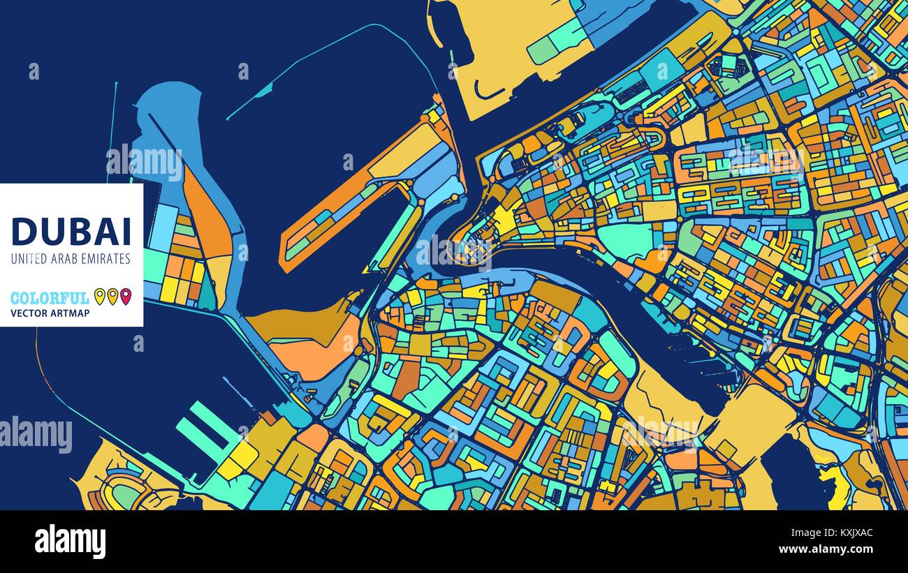Dubai, United Arab Emirates, Colorful Vector Artmap. Blue-Orange-Yellow ...