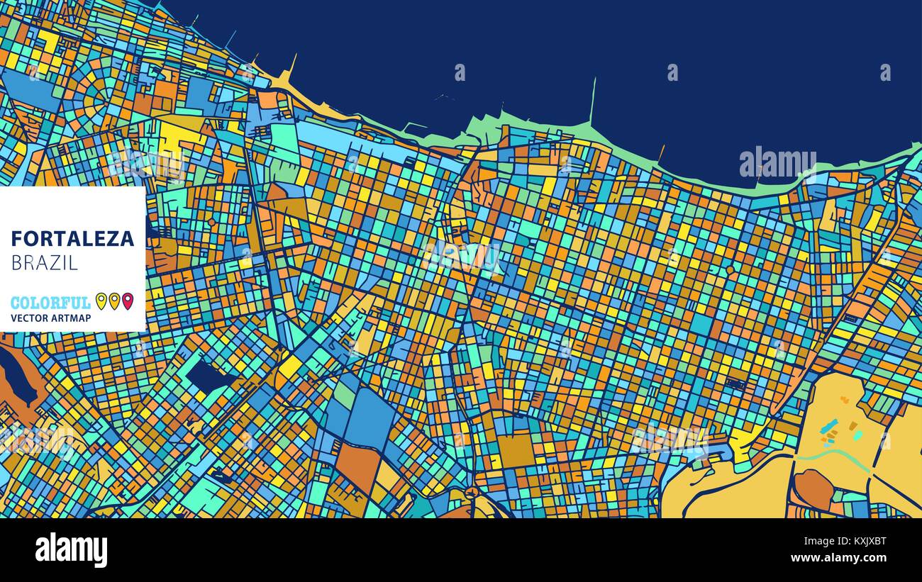 Fortaleza, Brazil, Colorful Vector Artmap. Blue-Orange-Yellow Version ...