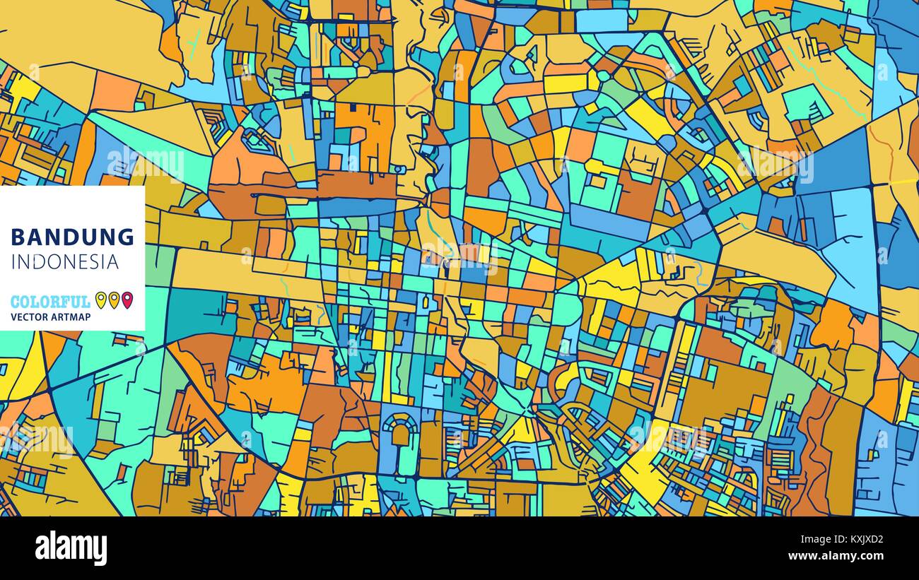 Bandung, Indonesia, Colorful Vector Artmap. Blue-Orange-Yellow Version ...
