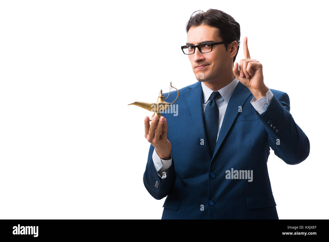 Businessman with magic lamp isolated on white Stock Photo - Alamy