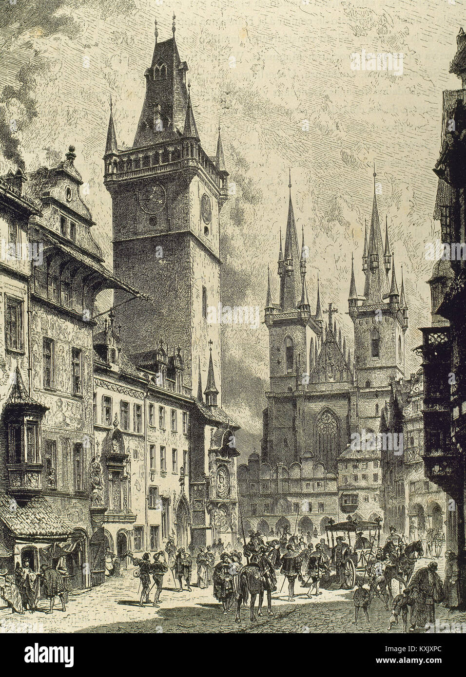 Czech Republic. Prague. Old town square in 16th century. Engraving by A ...