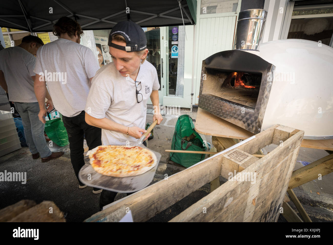 Pizza at the Cheese festival in Chapel Market, Islington, London UK ...