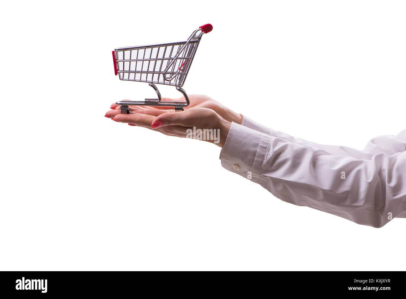 Hand holding shopping cart isolated on white Stock Photo - Alamy