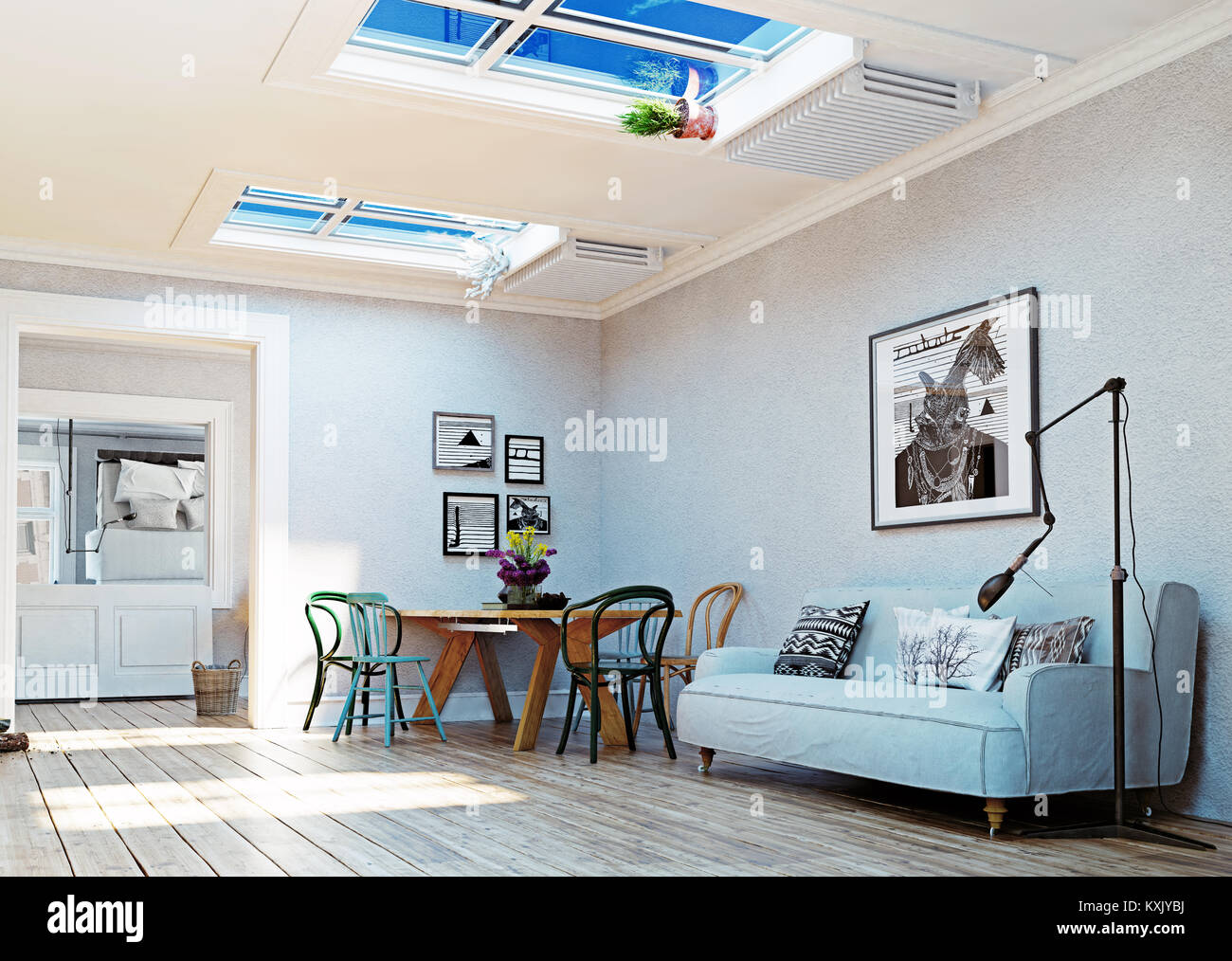 Strange, upside down room interior. 3D illustration creative concept ...