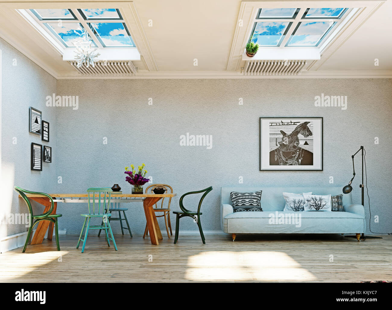 Strange, upside down room interior. 3D illustration creative concept ...