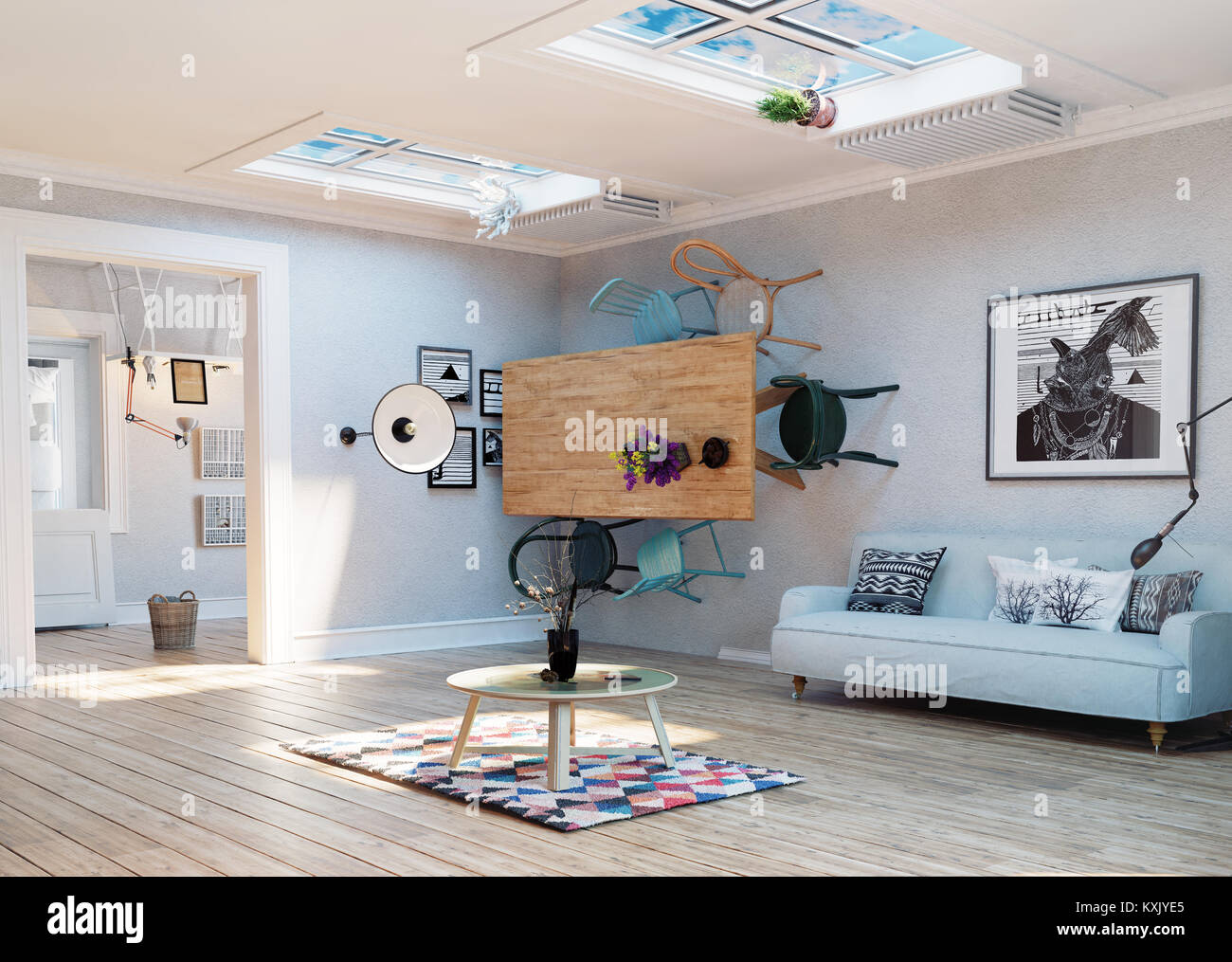 Strange, upside down room interior. 3D illustration creative concept ...