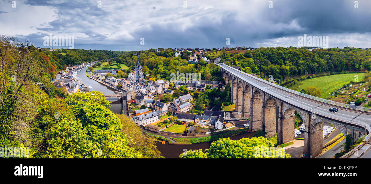 Aerial view of the historic town of Dinan with Rance river with ...