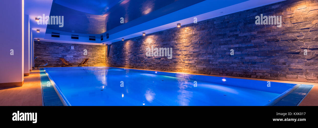 Luxury indoor swimming pool in modern hotel spa, panorama Stock Photo ...