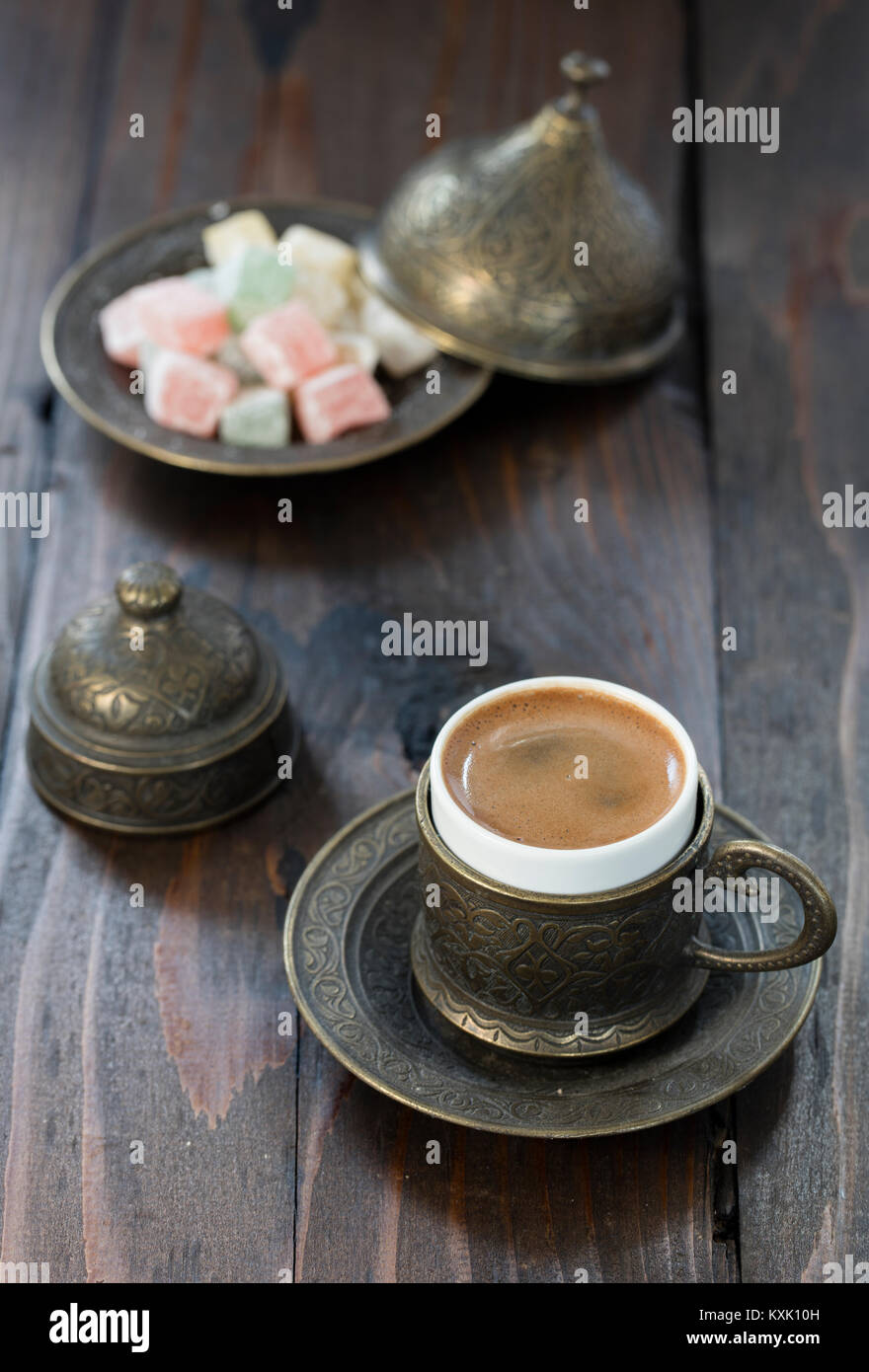 turkish coffee and turkish delights on wooden back ground Stock Photo ...