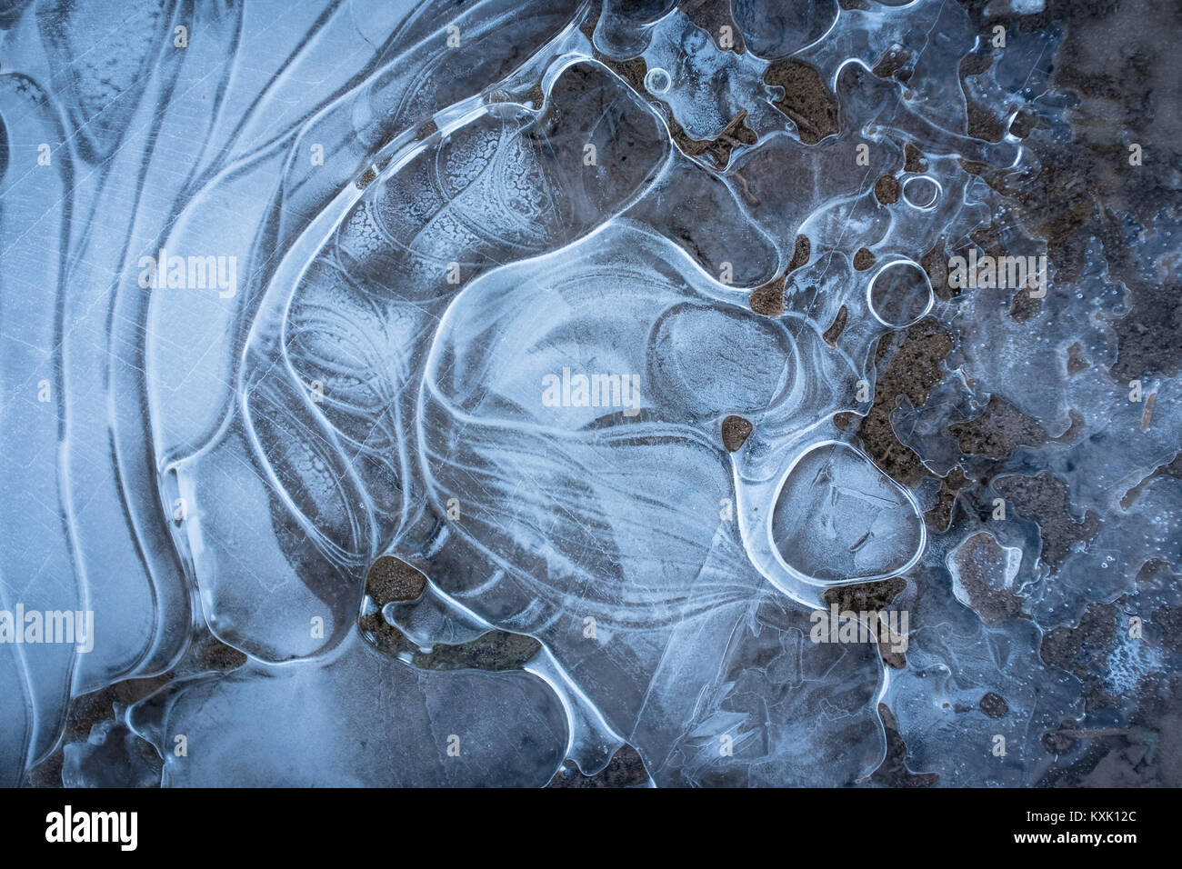 Abstract patterns in the ice, viewed from above, on a cold winter's day ...